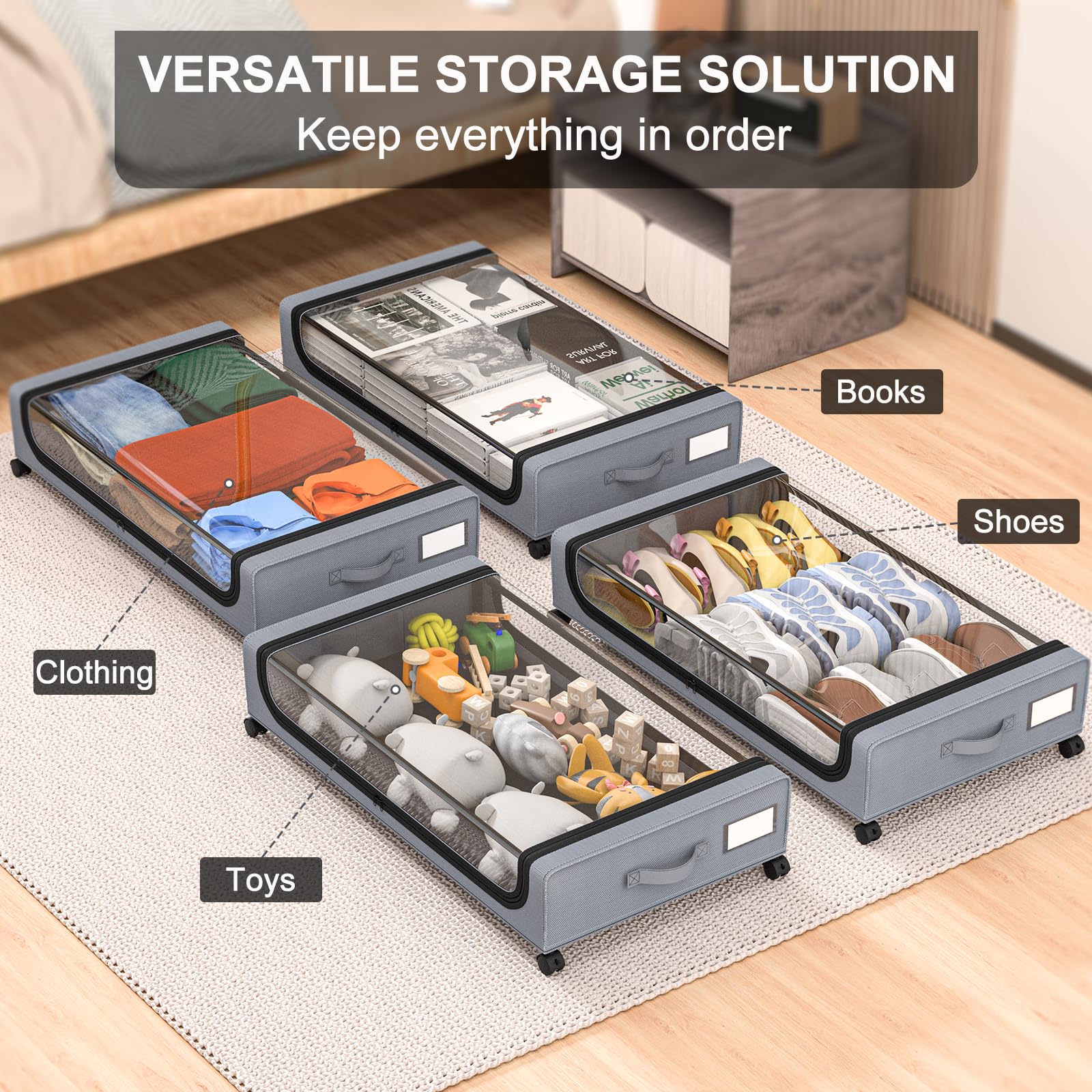 GoMaihe Under Bed Storage with Wheels: XXL 48L Underbed Storage Containers with Lids - Rolling Drawers for Shoes Clothes in Dorm Bedroom - Space-Saving Easy Pull-out Grey 2-Pack