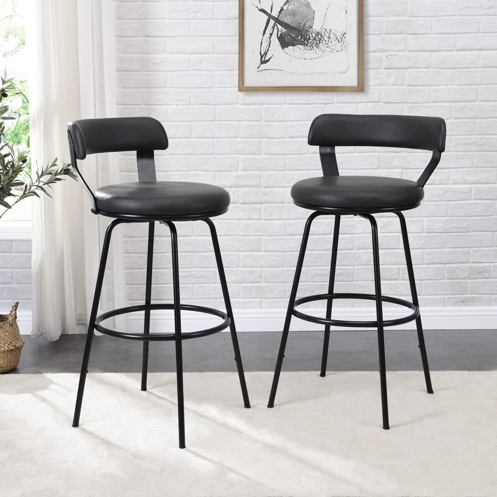 FERFALDER Bar Stools Set of 2-Metal Stools for Kitchen Counter PU Leather Barstools Swivel Bar Chairs for Dining Cafe,Metal Footrest,24” Grey