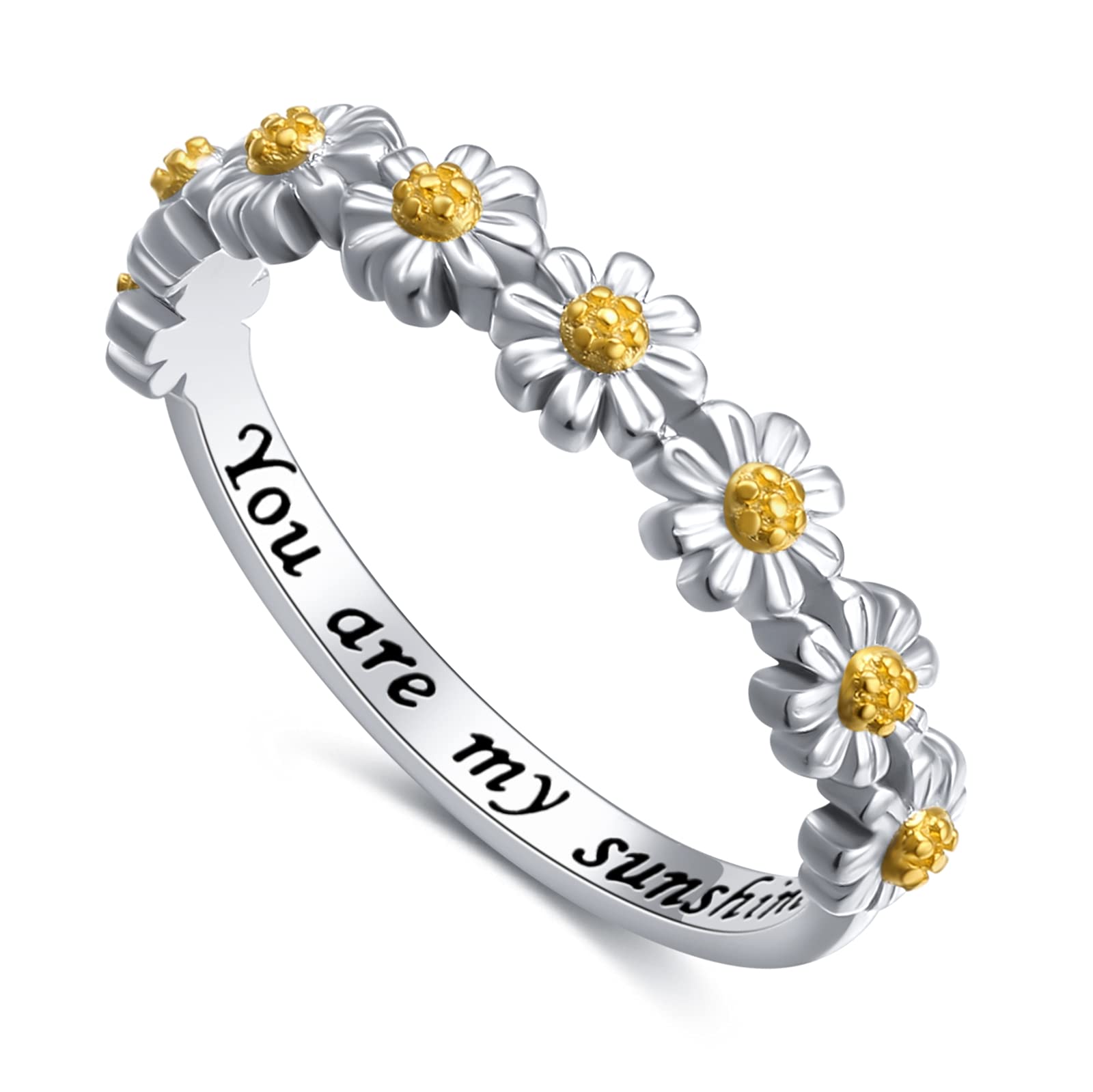 Ladytree Sterling Silver You Are My Sunshine Daisy Ring for Women Mom Daughter Mothers Day Flower Jewelry Size 10