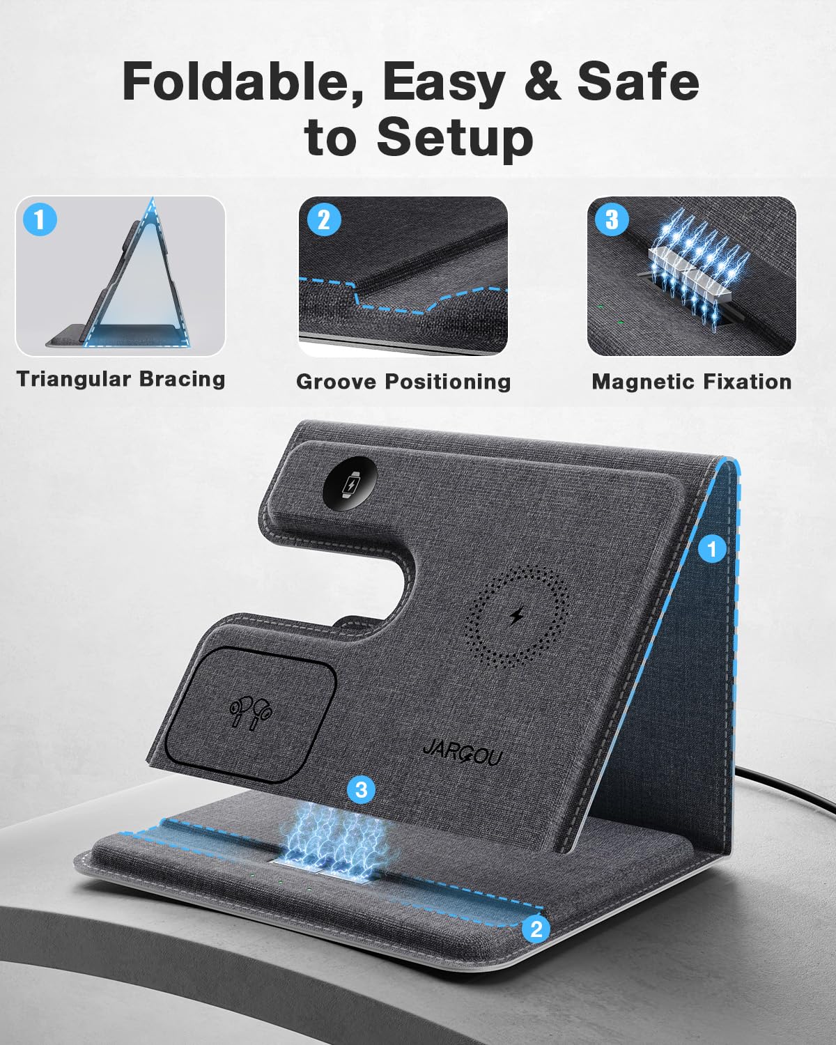 JARGOU Fabric Travel 3 in 1 Charging Station for Apple Charging Station for Multiple Devices for Apple Watch Charger, Wireless Charger for iPhone 15 14 13 12 11 X 8, for AirPods Foldable