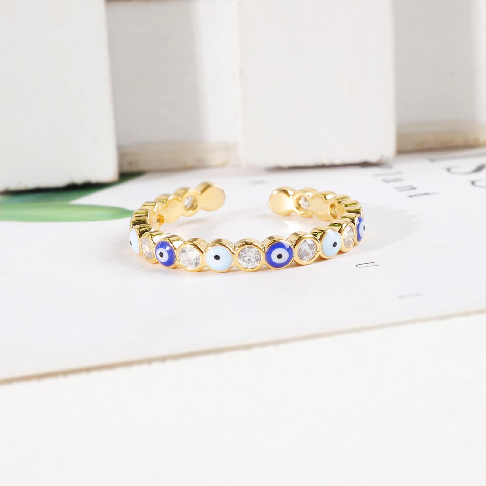 HUASAI Evil Eye Ring for Women Gold Third Eye Ring Vintage Turkish Blue Eye Ring Open Adjustable Rhinestone Ojo Ring for Protection Trendy Beads Evil Eye Ring(Gold)