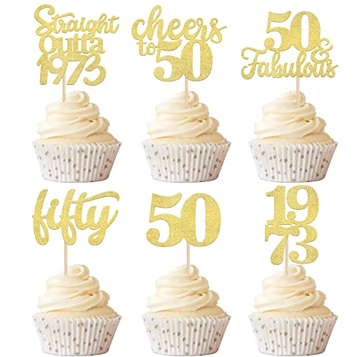 Rsstarxi 36 Pack Gold Glitter 50th Birthday Cupcake Toppers Straight Outta 1973 Cupcake Picks Fifty Cheers to 50 Fabulous Cupcake Topper for 50th Birthday Wedding Anniversary Party Cake Decorations Supplies