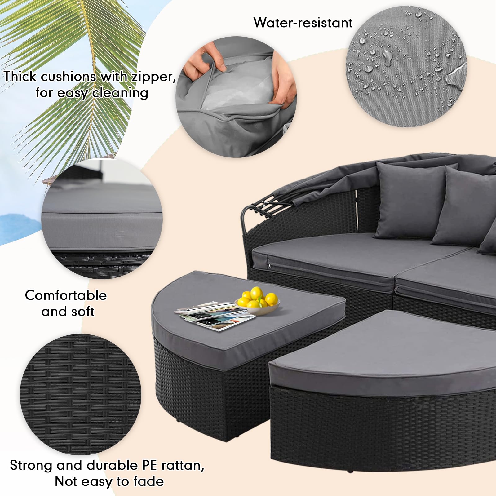 Oakmont Outdoor Patio Furniture Canopy Daybed Round Sofas, 4 Pieces Seating Separates Cushioned Seats, Black Wicker, Lawn Poolside Garden, Grey