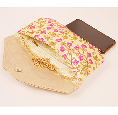 INDTRESOR beaded handcrafted embroidered evening purse handbag vintage party wedding gift for women. Pink Gold
