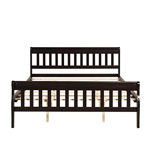 Prohon Queen Platform Bed with Vertical Openwork Design Headboard & Footboard, Large Underbed Storage Space, Simple Style Wooden Bedframe for Kids Teen Adults, No Box Spring Needed, Espresso