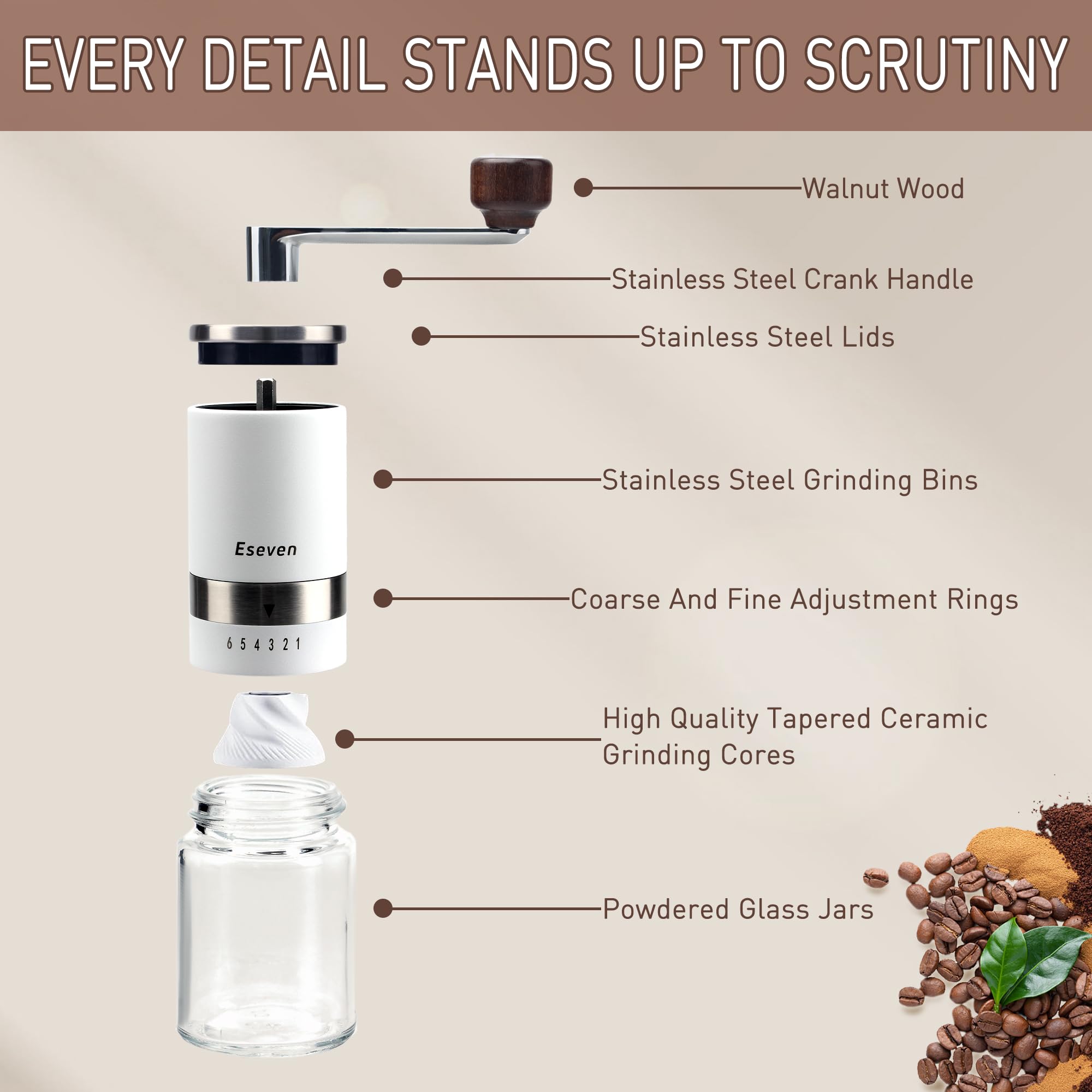Eseven Manual Coffee Grinder Hand Coffee Grinder with 6 Adjustable Ceramic Burr Grinder Coarseness Settings, Manual Coffee Bean Grinder for Espresso, French Press, Camping & More! (Cream)