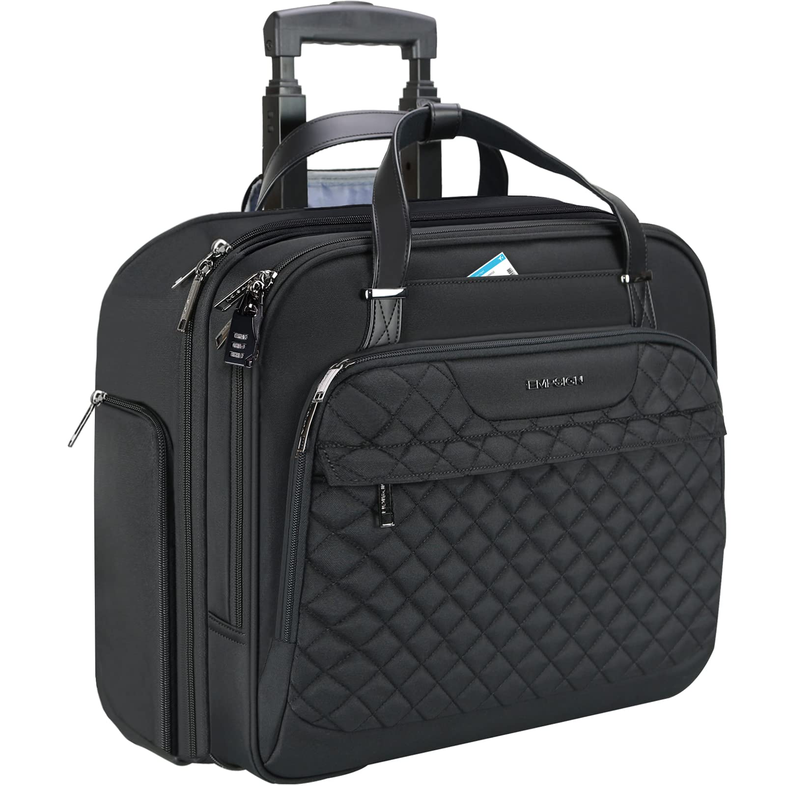 EMPSIGN Rolling Laptop Bag Women with Wheels, Rolling Briefcase for Women Fits Up to 15.6 Inch Laptop Briefcase on Wheels, Water-Repellent Overnight Rolling Computer Bag with RFID Pockets, Black