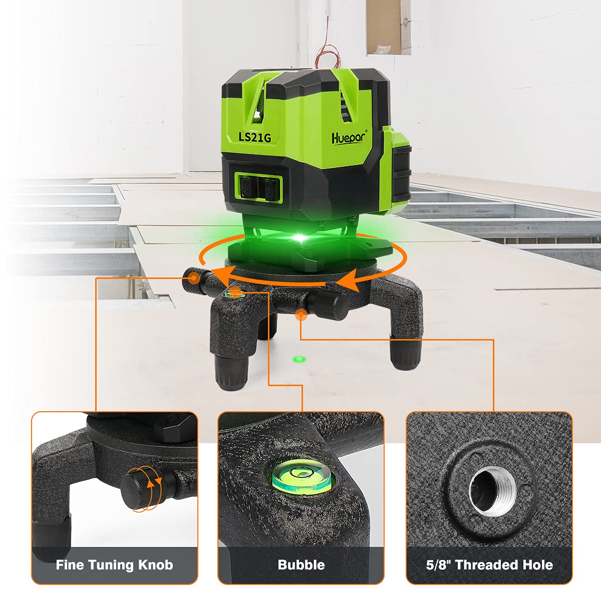 Huepar Multi-Line Laser Level-360° Floor Horizontal and Two Vertical Lines with Plumb Dot, Green Cross Line Self-leveling Laser Tool-Rotating Base, Lifting Base, Li-ion Battery&Hard Carry Case LS21G