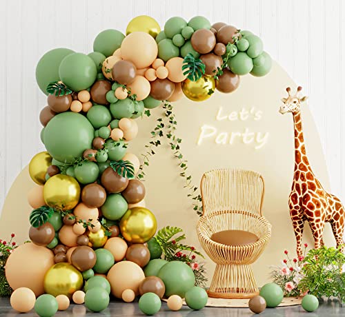 RUBFAC 160pcs Sage Green Brown Balloon Garland Kit Jungle Safari Woodland Balloon Arch with Sage Green Dark Brown Beige Gold Matte Balloons for Jungle Party Baby Shower Safari Birthday Decorations