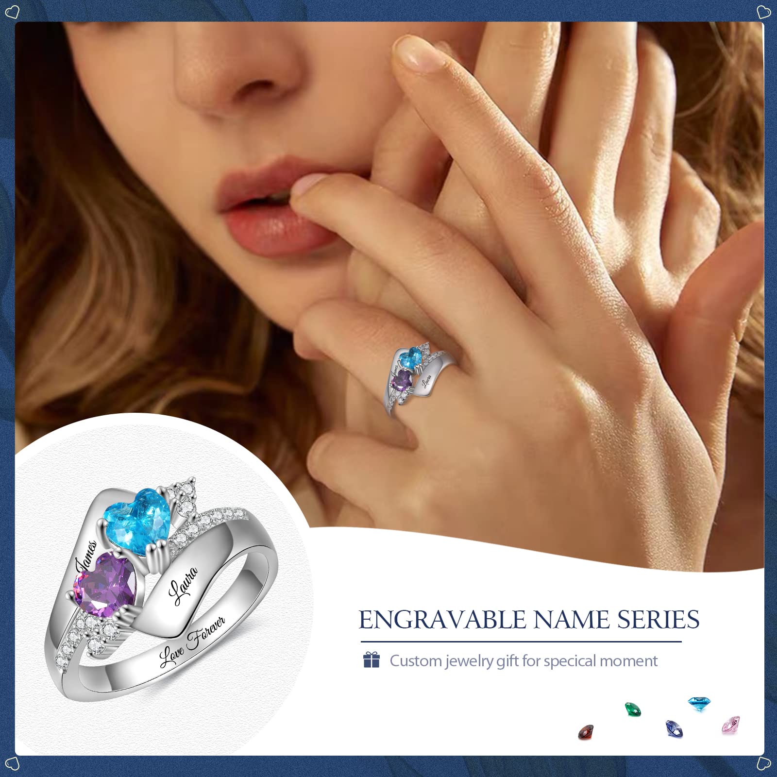 lagofit Personalized Sterling Silver Mothers Ring Custom Birthstone Rings for Women Engraved Name Promise Rings for Her Customized Jewelry Gifts