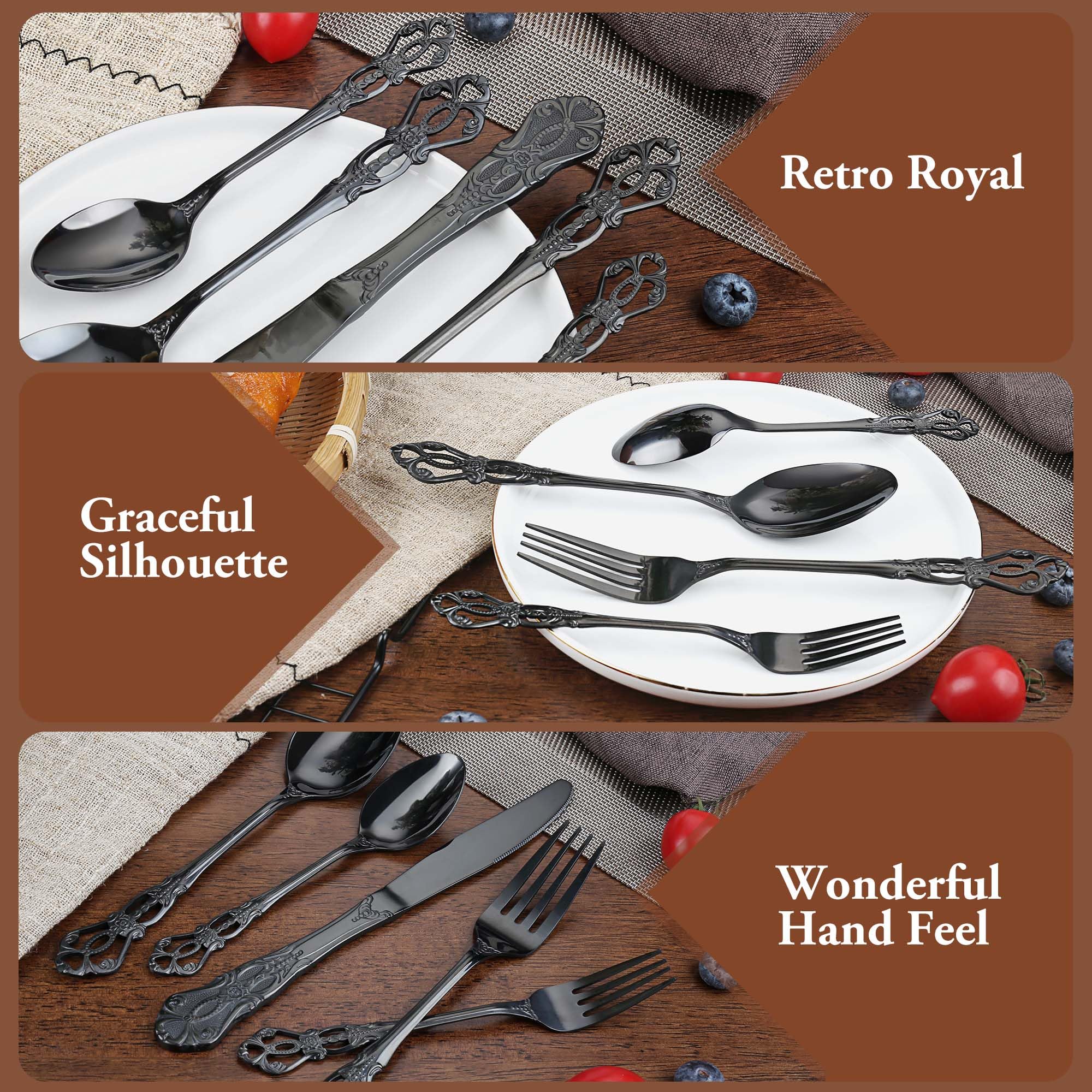 PUREAIN Silverware Set, 30 Pieces Retro Royal Silverware Set for 6, Anti-rust Stainless Steel Flatware Set Including Fork Spoon and Knife, Dishwasher Safe, Black