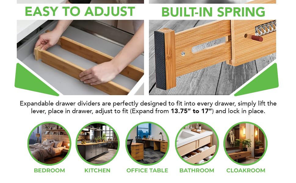 OASIS 4-Pack Bamboo Drawer Dividers Expandable, Kitchen Drawer Organizer, (13.75"- 17") Spring Loaded Drawer Separators, Wooden Drawer Organizer, Adjustable Drawer Dividers for Clothes, Home & Office