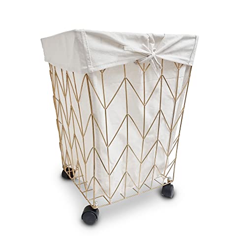 SEDLAV Metal Laundry Hamper with Wheels, Gold & Natural, Square Chevron Pattern