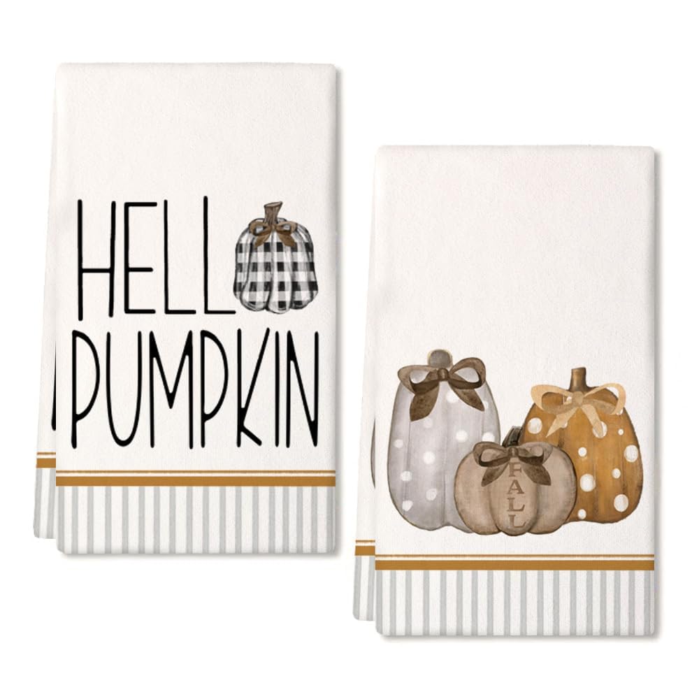 GEEORY Fall Kitchen Dish Towels Set of 2 for Fall Decor,Hello Pumpkin Beige Plaid Bowknot Orange Printed Pumpkin 18x26 Inch Drying Dishcloth,Farmhouse Home Decoration GD107