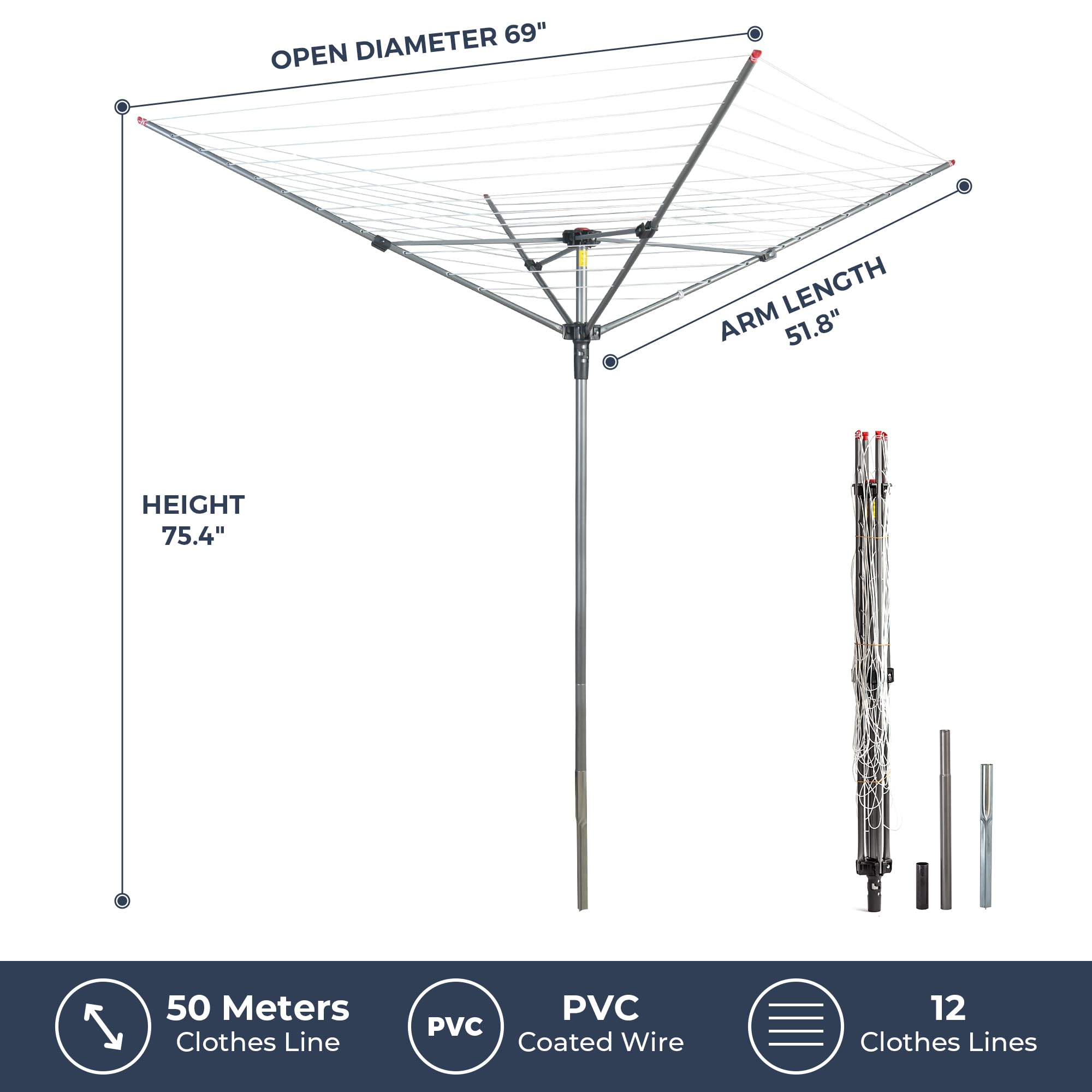 STO STO Umbrella Clothesline for Laundry, 4-Arm 12 Lines with 164 Feet Drying Space, Steel Frame, Adjustable Height, Outdoor Umbrella Rotary Drying Rack, Collapsible Clothes Drying Rack for Backyard