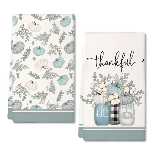 GEEORY Fall Kitchen Dish Towels Set of 2 for Fall Decor,Hello Pumpkin Blue Buffalo Plaid Printed Pumpkin 18x26 Inch Drying Dishcloth,Farmhouse Home Decoration GD118