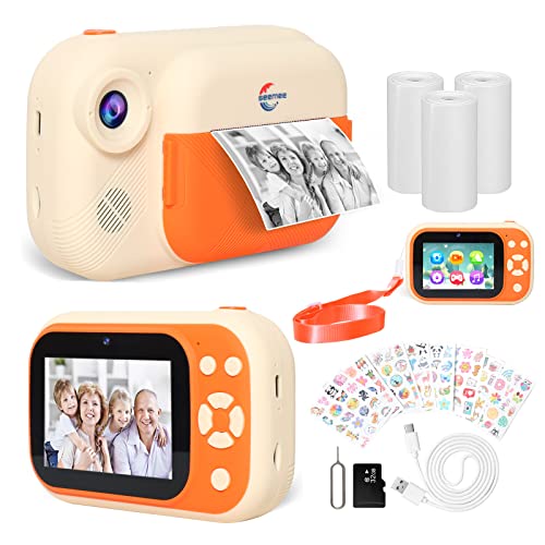 Seemee Instant Print Camera for Kids, Funny Selfie Camera, Kids Digital Camera with 3.5" Screen, 32G Card, Print Papers, Stickers, Dual Cameras HD 1080P, Birthday Gifts Toys for Boys Girls (Beige)