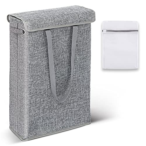 TEAYINGDE slim Laundry Basket with Lid, Tall Thin Laundry Hamper with Handles, Waterproof Lining Narrow Dirty Clothes Hamper for Bathroom Bedroom Dorm Organization Storage, 45L Grey