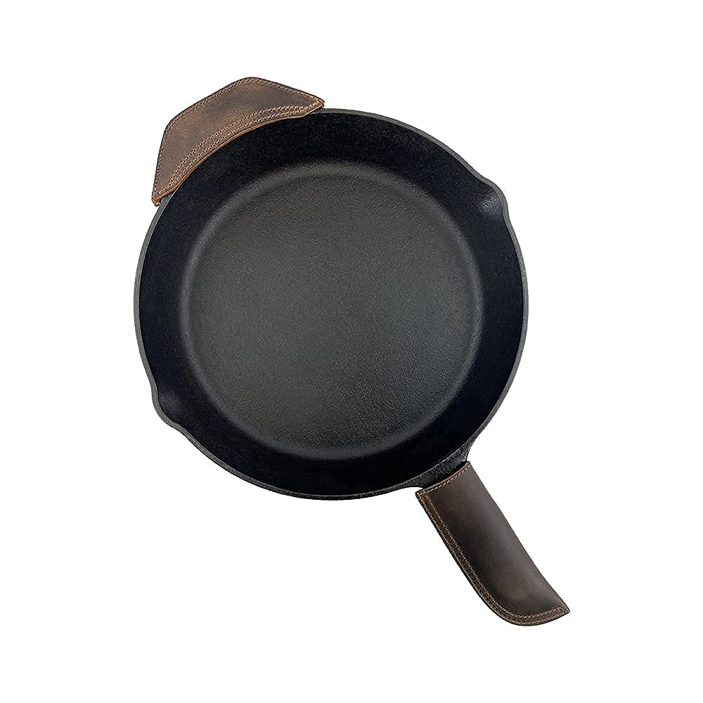 Hide & Drink, Set of 2 Hot Handle Holders, Panhandle & Side Kick, Heat Resistant, Assist Grip for Cast Iron Skillets & Pans, Full Grain Leather, Handmade, Bourbon Brown