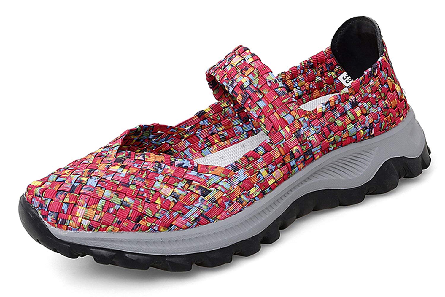 GOSPT Women's Elastic Woven Walking Shoes Mary Jane Flats Slip on Sneakers Multicoloured Red 7.5