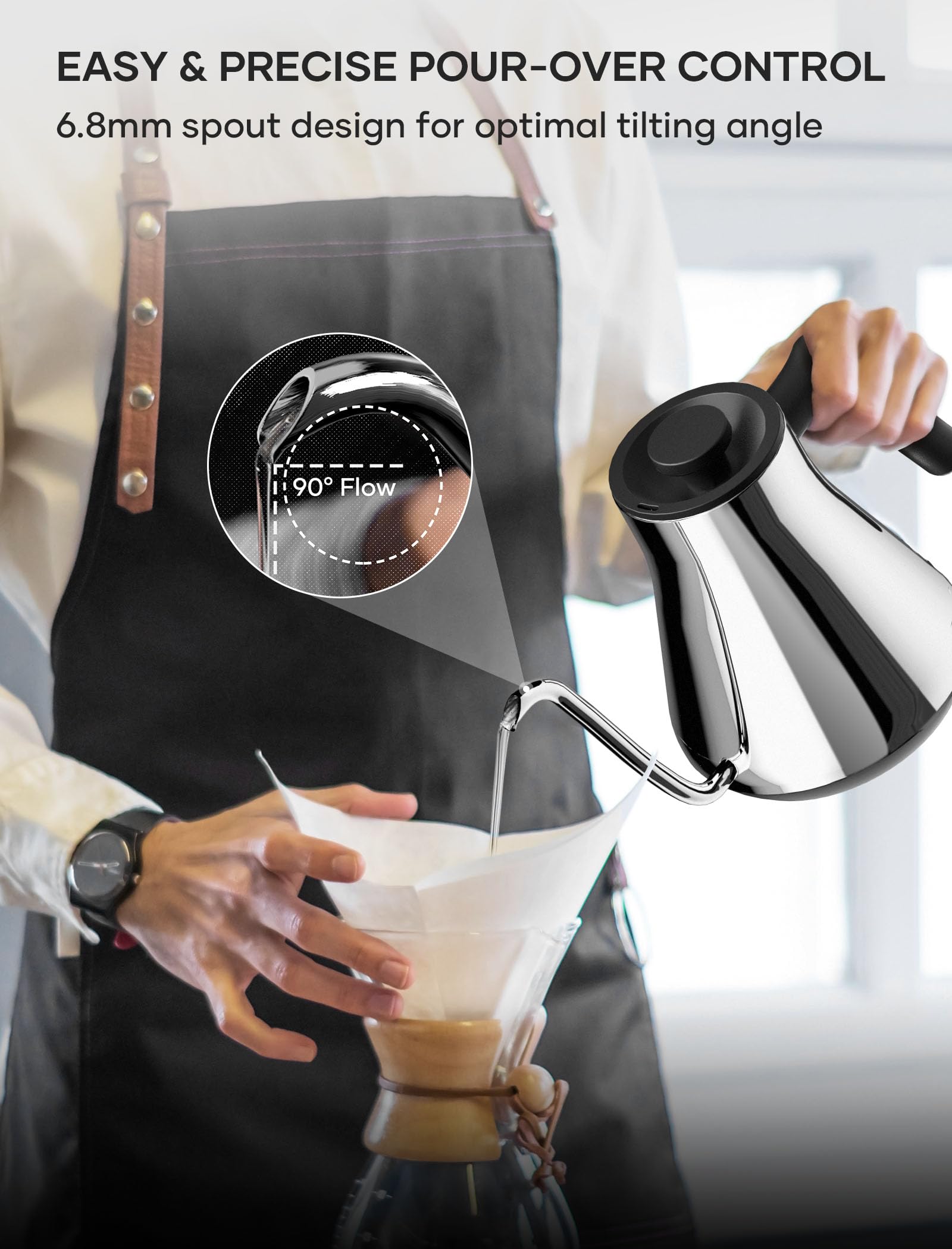 Gooseneck Electric Kettle, Offacy Pour Over Tea Kettles with LED Screen, ±1℉ Temperature Control, Full 304 Stainless Steel, Quick Heating, 6.8mm V-Shaped Spout, Hot Water Boiler, 0.9L (Silver)