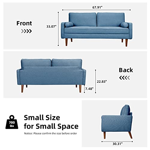 Koorlian 68 inch Dark Blue Couch, Modern Linen Fabric, Button Tufted Seat Cushion, Upholstered Loveseat with Square Armrest, 2 Throw Pillows, Small Sofa for Small Space, Apartment, Dorm, Easy Assembly