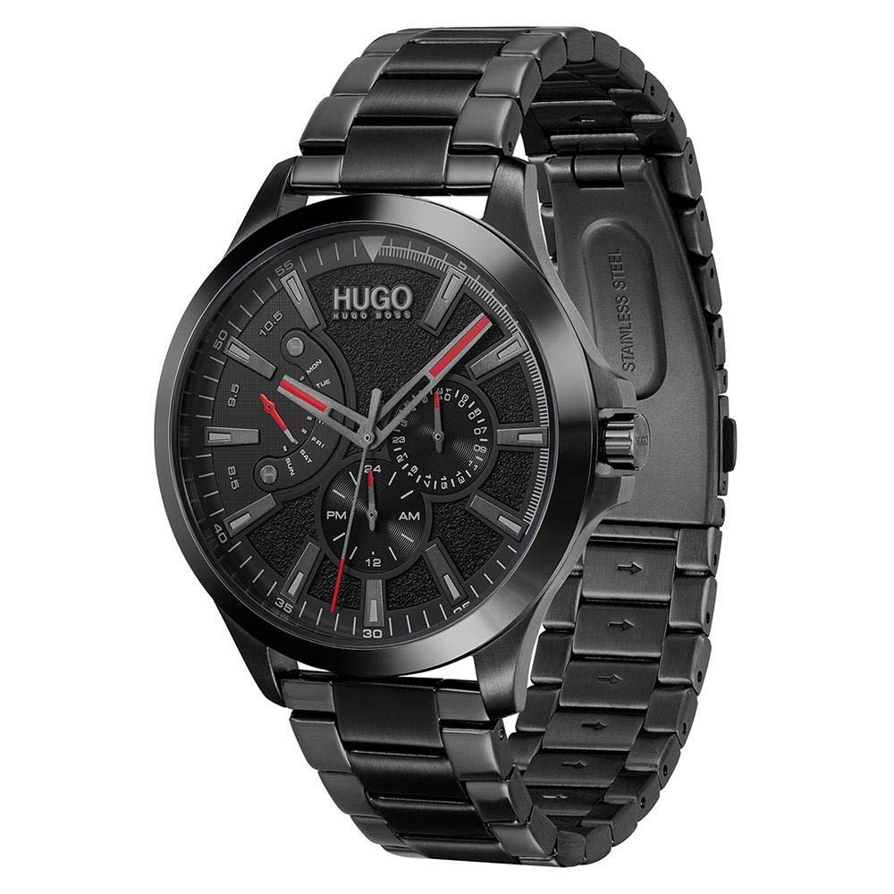 HUGO #LEAP Men's Multifunction Stainless Steel and Leather Strap Casual Watch, Color: Black (Model: 1530172)