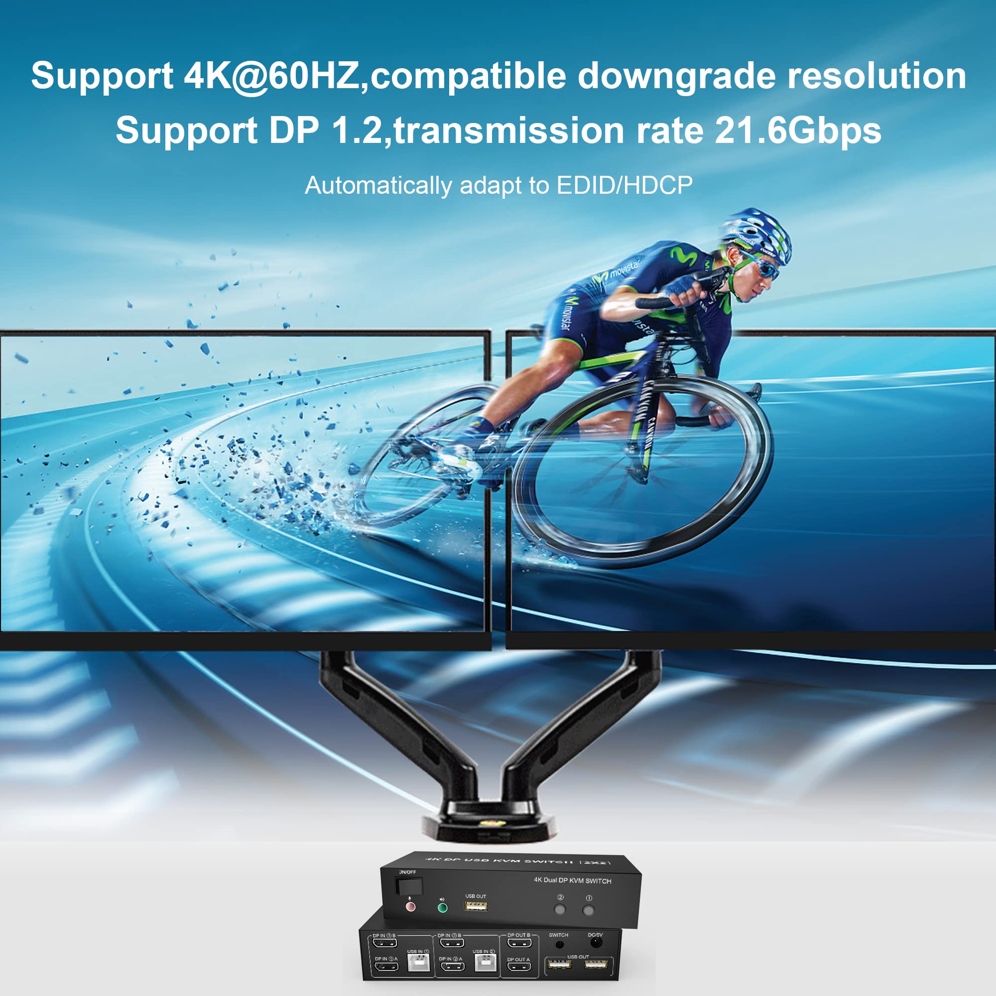 KVM Switch Dual Monitor DisplayPort 4K@60Hz Extended Display, Displayport 1.2 KVM Switch 2 in 2 Out with Audio Microphone Output and 3 USB 2.0 Hub 2 Monitors 2 Computers kvm Switch