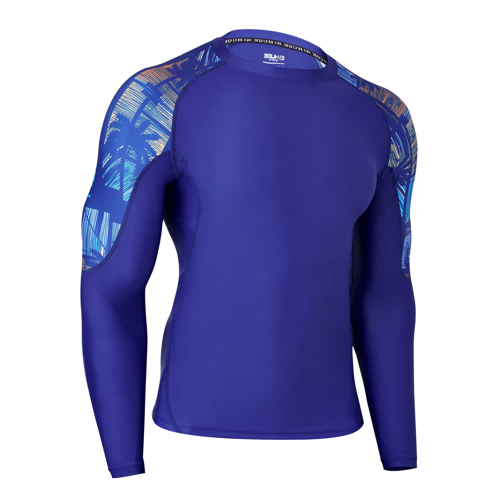 HUGE SPORTS Men's Rash Guard Long Sleeves UPF 50+ UV Sun Protection Quick Drying Splice Compression Swim Shirts(Tropical Style,L)