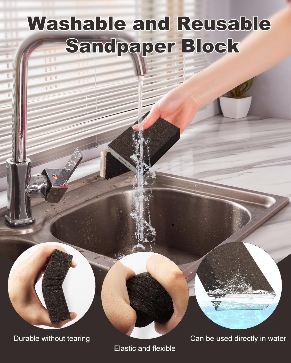 Rocaris 60 Pack Sanding Blocks, Washable and Reusable Sanding Sponge Fine Coarse for Wood and Drywall 60, 80, 100, 120, 180, 220 Grit