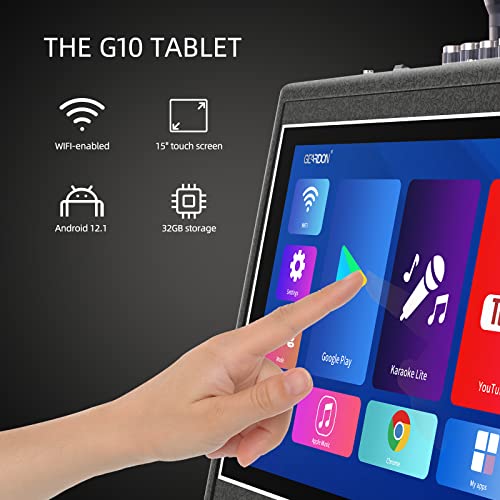 GEARDON Karaoke Machine with Lyrics Display Screen for Adults, Built-in 15 Inches Tablet & Wifi, Bluetooth Speaker w/ 2 Rechargeable UHF Mics, DJ Lights, Portable Karaoke System for Any Occasion