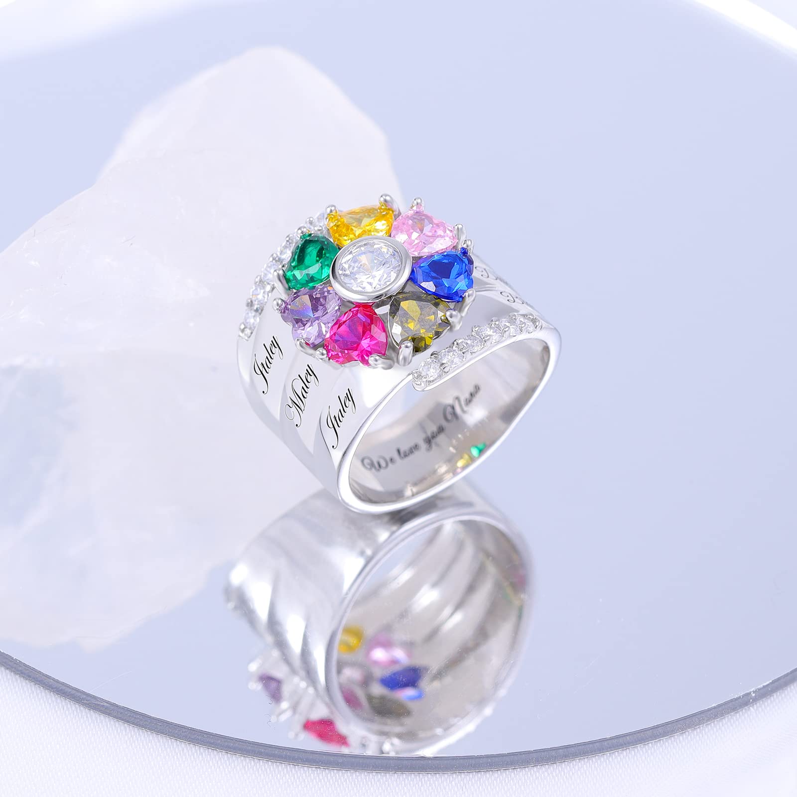 Laleonpame Custom Grandmother Ring Sterling Silver with 7 Birthstones & Names Family Wedding Band Mother's Day Ring