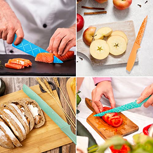 Knife Set, Kitchen Knife Set with Blade Guards, 5 Piece Colorful Knife Set, Stainless Steel Knives Set for Kitchen with Chef Knife, Santoku Knife, Slice Knife, Utility Knife, Paring Knife