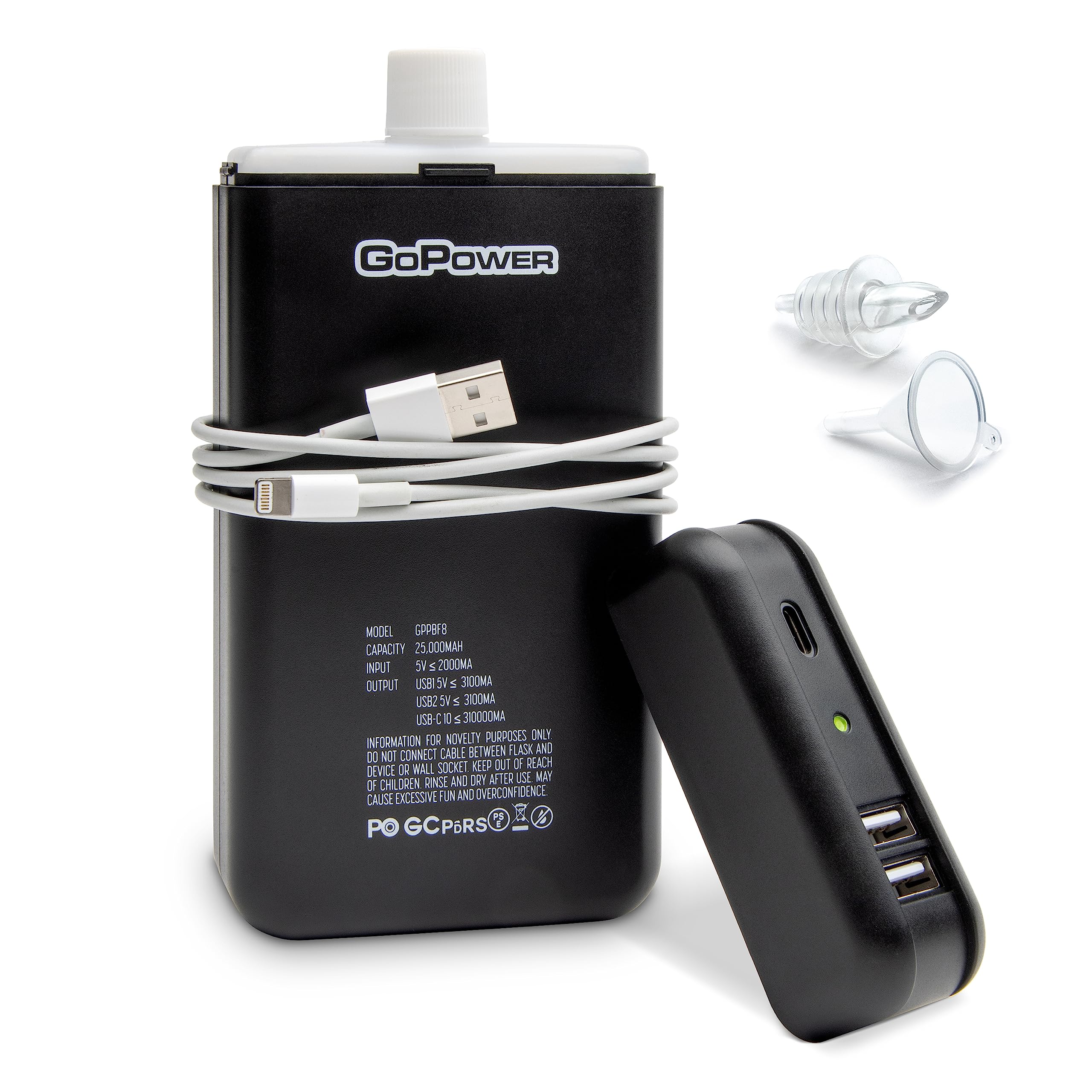 GoPong Power Bank Flask - 8 oz Hidden Alcohol Container - Includes Funnel and Liquor Bottle Pour Spout