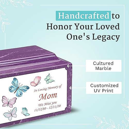 GetUrns β Legacy Cultured Marble Urn by Mackenzie, Adult Size Cremation Urns, Custom UV Printed Burial Urn for Ashes, 210 Cubic Inch Cemetery Urns for Ashes, Butterfly, Amethyst