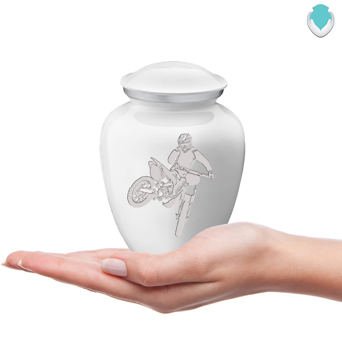 GetUrns Embrace Personalized Dirt Bike Medium Cremation Urn with Custom Text Engraving for Human Ashes for Funeral, Burial, Niche or Columbarium Cremation–44 Cubic Inches –Small Urns for Ashes (White)