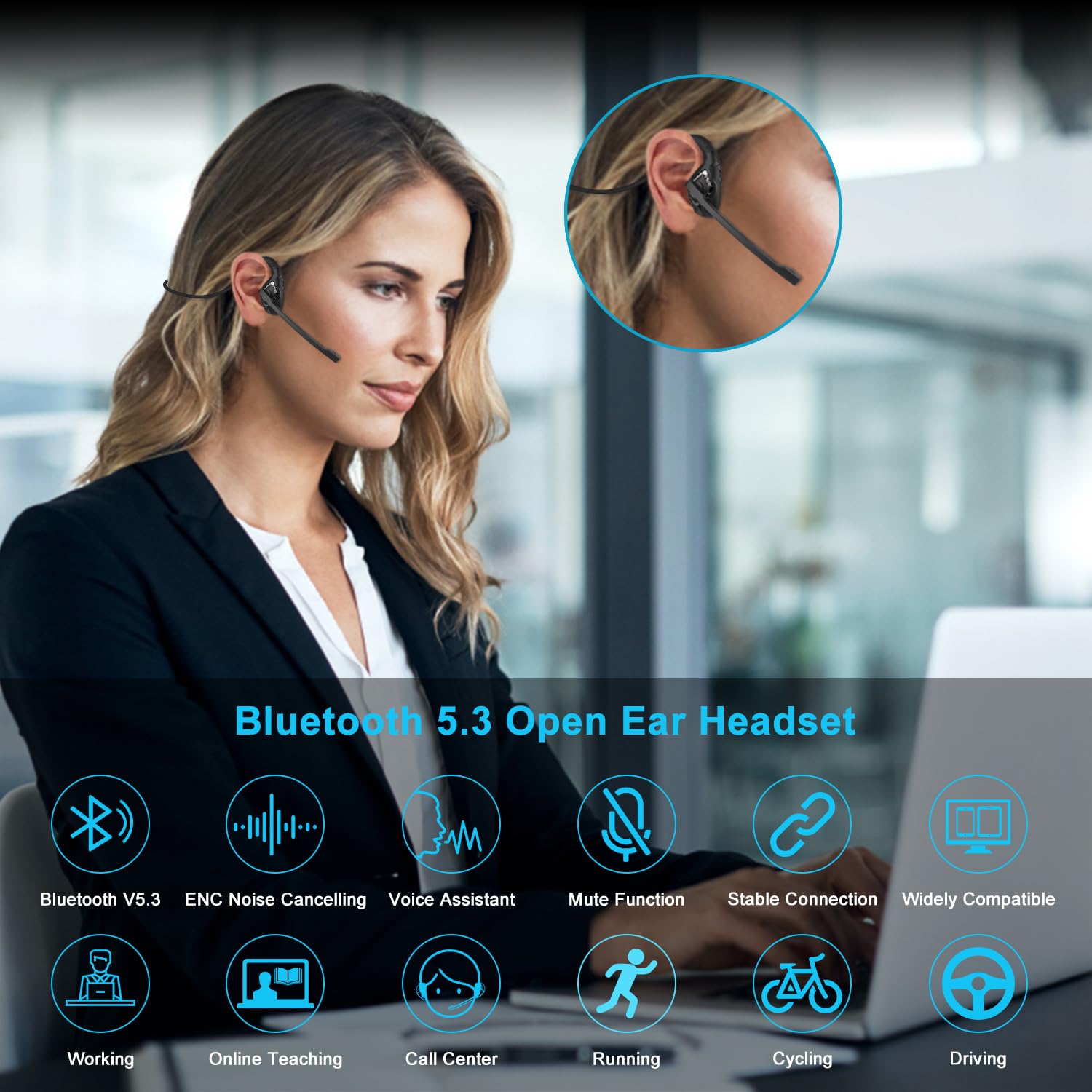 iDIGMALL Latest Bluetooth 5.3 Headset w/ CVC8.0 Noise Cancel Mic Boom, Open-Ear Air Conduction Wireless Stereo Headphones, All Day Comfortable Fit for Office Riding Driving Running Student Learningā¦