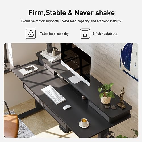 FEZIBO 48 x 24 Electric Standing desk Adjustable Height with 4 Drawers, Sit Stand Desk with Storage Shelf, Rising Desk with Splice Board, Black Frame/Rustic Brown Top, 48 inch