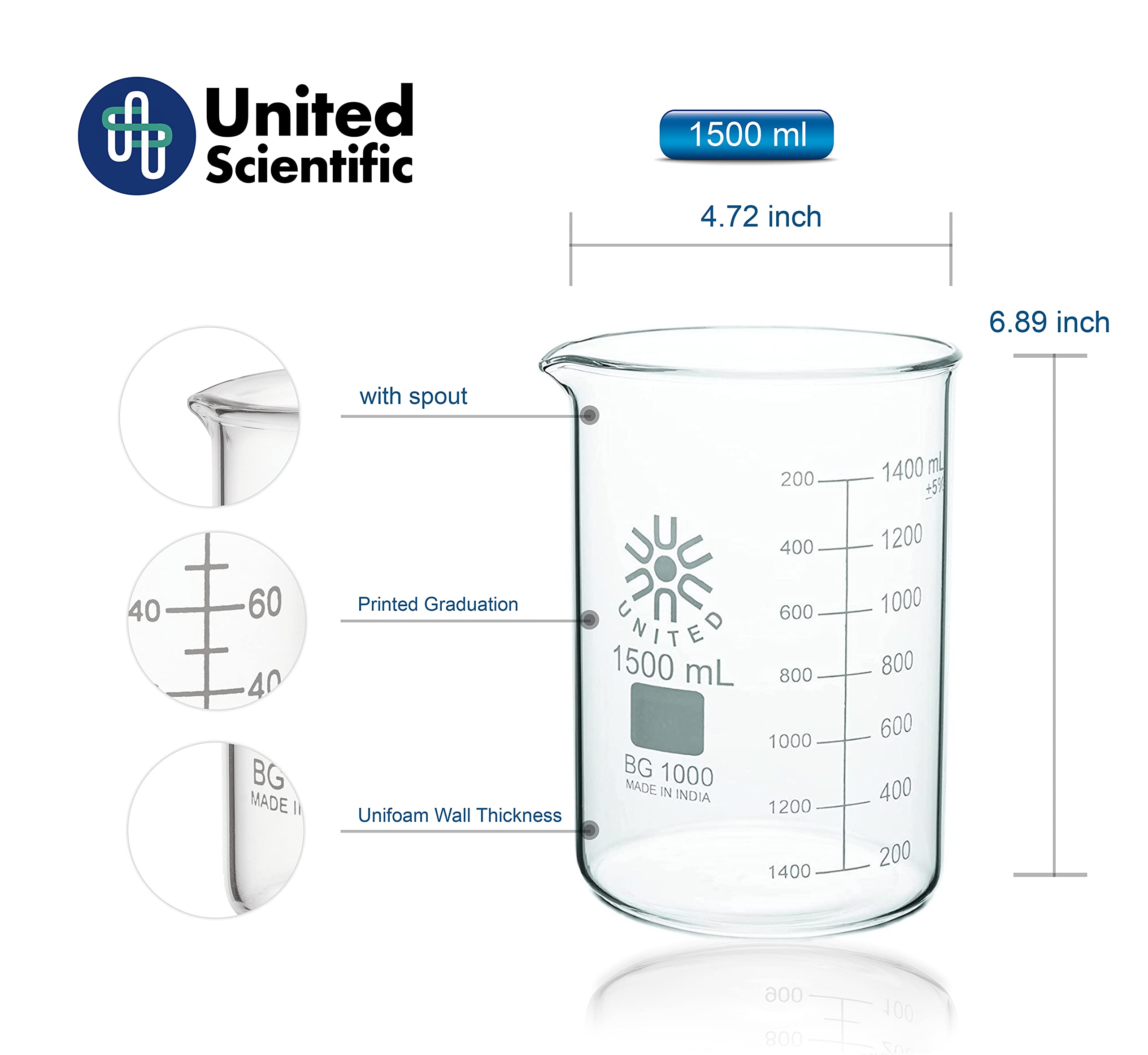 United Scientific™ BG1000-1500 Borosilicate Laboratory Grade Glass Beakers| Griffin Style Low Form Beaker | Graduated with Spout | Designed for Laboratories & Chemistry Classrooms| 1500mL Pack of 4