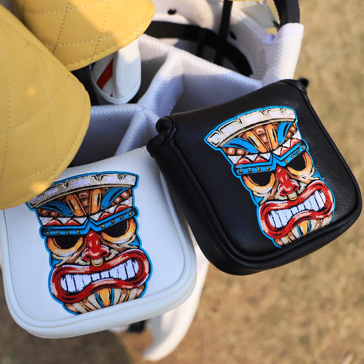 Golf Square Heel Shaft Mallet Putter Cover Headcover, Demon Mask Design Magnetic Closure Elegant Embroidery Premium Leather Headcovers
