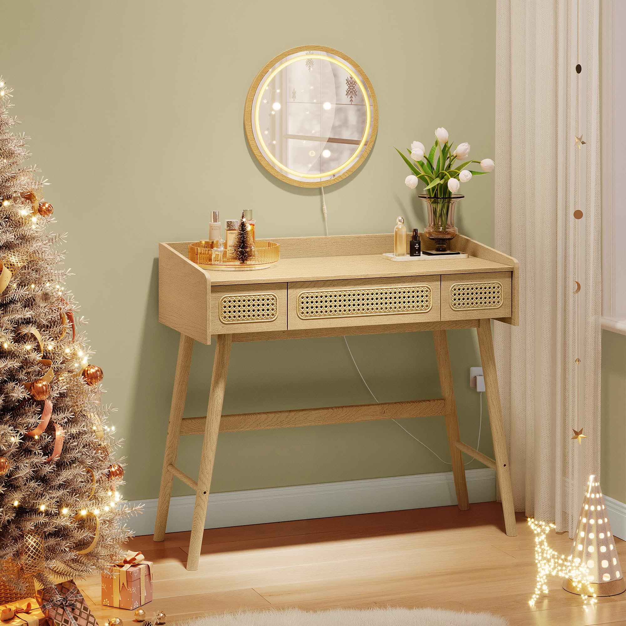 SONGMICS HOME BOHOVEN Collection - Vanity Desk with Mirror and Lights, Makeup Vanity with 3 Rattan-Like Drawers, Touch Control Light with 3 Color Hues, Dimmable, Boho Style, for Bedroom, Oak Beige