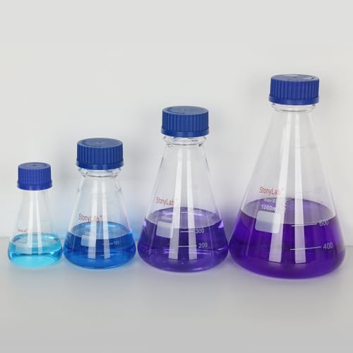 stonylab Erlenmeyer Flask with Blue Screw Cap Graduated Lab Borosilicate Glass Conical Flask, 100 ml