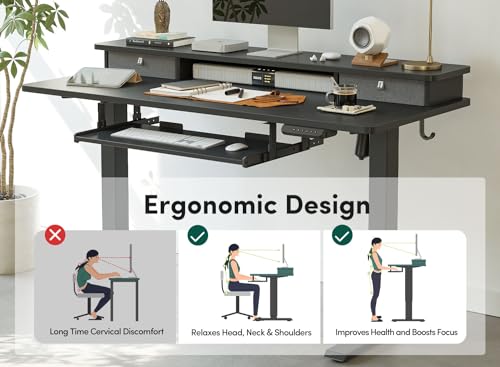 FEZIBO 55 x 24 Dual Motor Height Adjustable Electric Standing Desk with Keyboard Tray, Sit Stand Table with Splice Board, Black Frame/Rustic Brown and Black Top