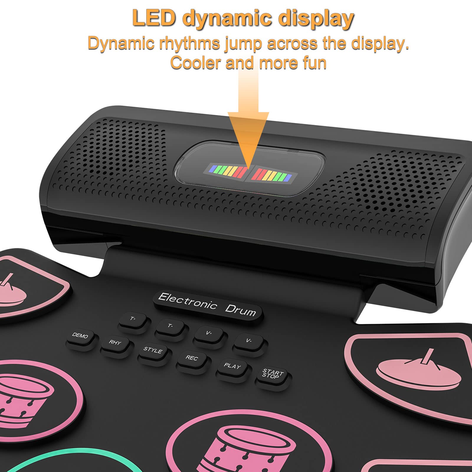 Lamir Electronic Drum set for Kids 9 Drum Pads withRoll Up Drum Kit with Dynamic LED Display and Built-in Speakers MIDI Recording for Festive Birthday Gifts for Kids and Drum Beginners