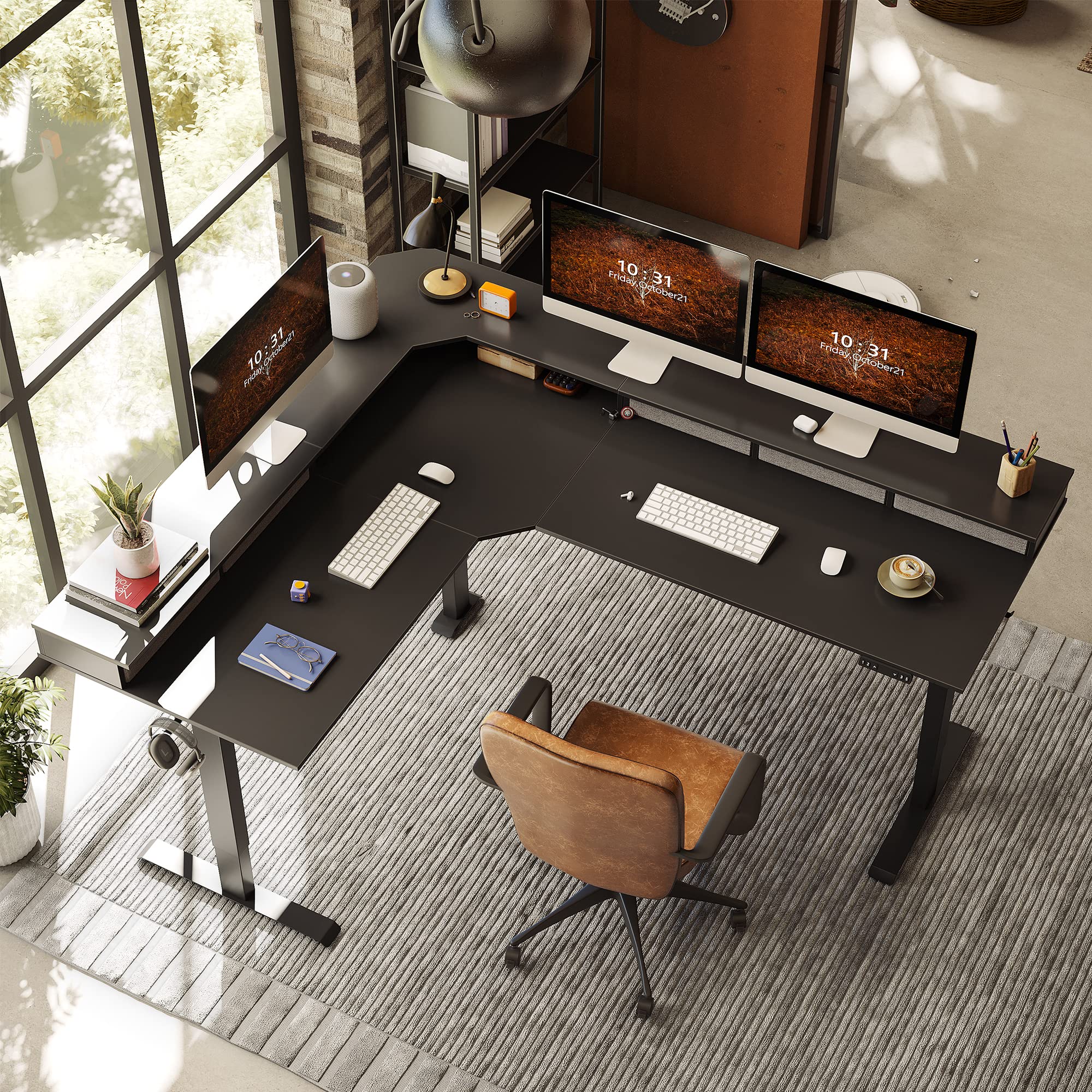 FEZIBO 75" Triple Motor L Shaped Standing Desk with 5 Drawers, Reversible Standing Gaming Electric Desk Adjustable Height, Corner Stand up Desk with Splice Board, Black Frame/Black Top