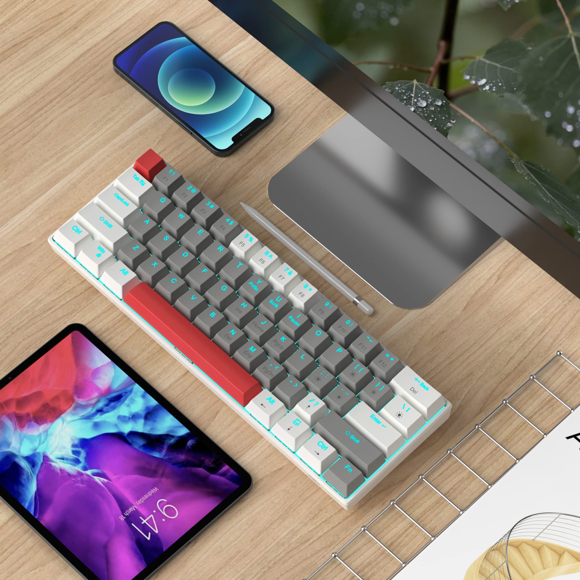 MageGee MK-Mini 60% Mechanical Gaming Keyboard, 61 Keys Compact Gaming Keyboard with Blue Switch, Portable Blue LED Backlit USB Type-C Wired Office Keyboard for PC Laptop, White & Gray