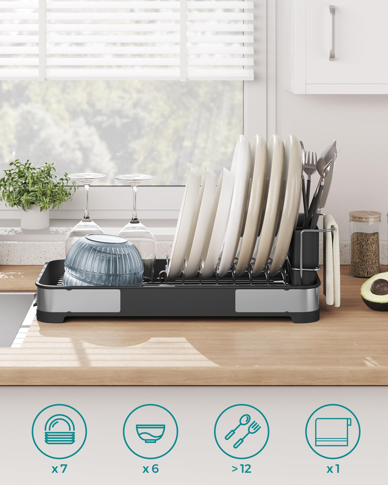 SONGMICS Small Dish Drying Rack, Dish Dryer for Kitchen Counter, Stainless Steel Dish Rack with Drain, Utensil Holder, Rustproof, for Dishes, Knives, Spoons, Forks, Silver and Black UKCS034B01