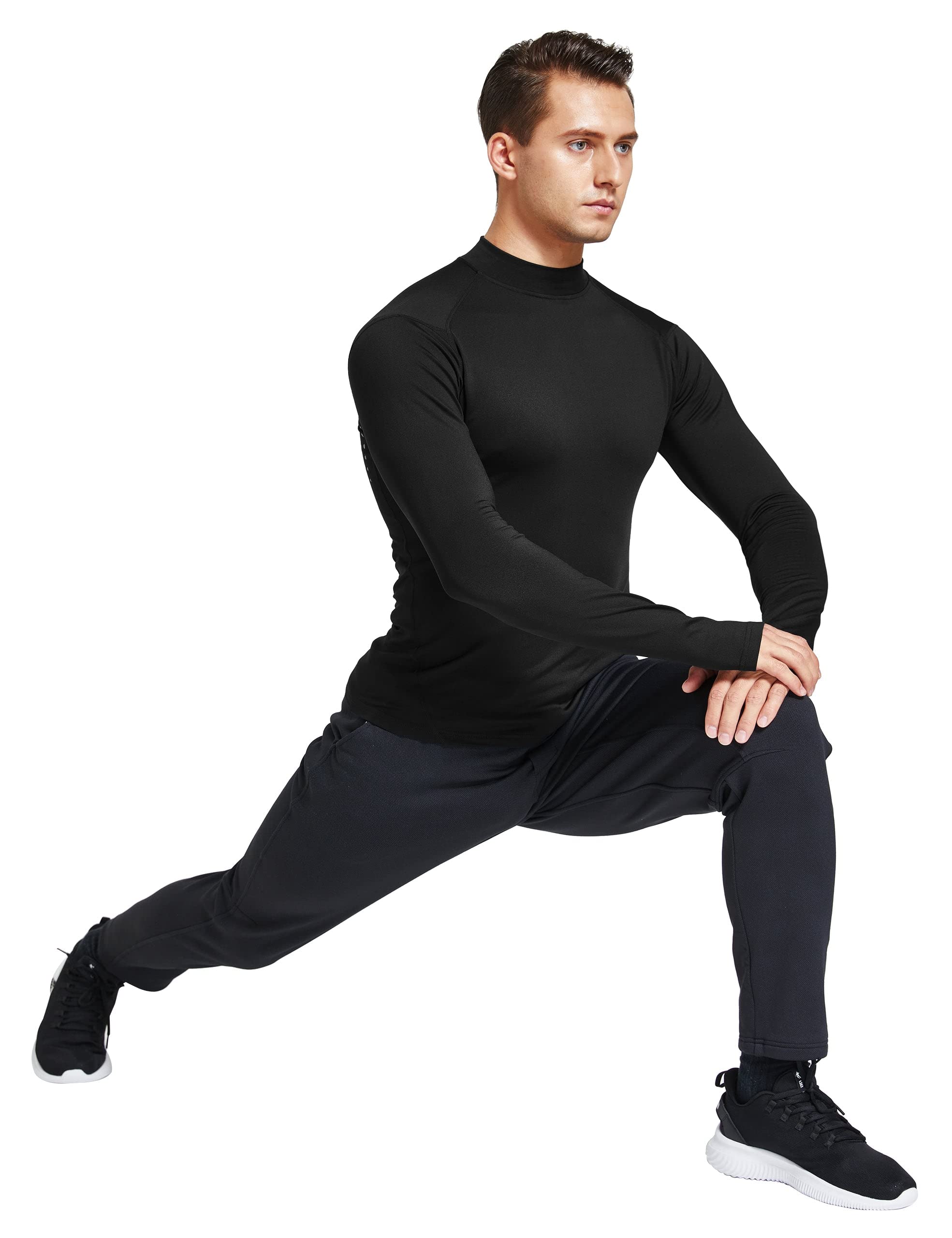 FitsT4 Sports Men's Thermal Fleece Lined Mock Neck Baselayer Tops Long Sleeve Running Athletic Shirt with Thumbholes Black L