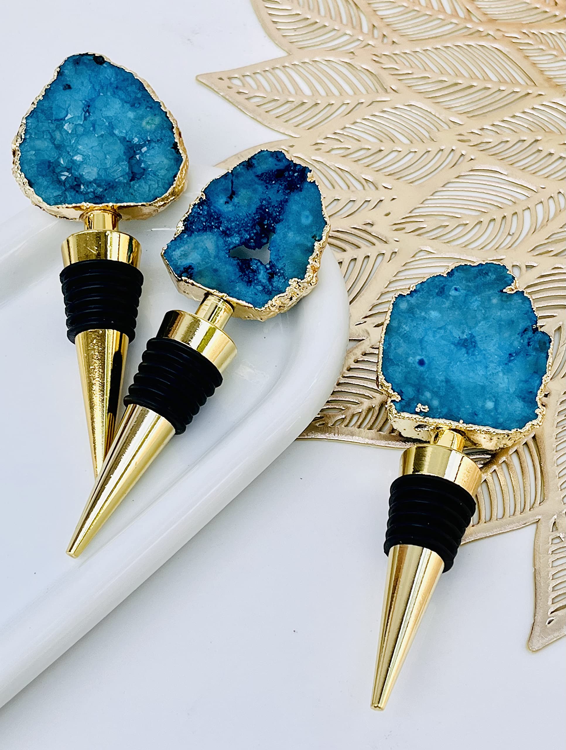 LUXE CRYSTAL CO. Handcrafted Teal Green Natural Crystal Geode Agate Druzy Gold Electroplated Crystal Wine Champagne Stopper Handmade Bottle Barware Housewarming Bridal Shower Gift