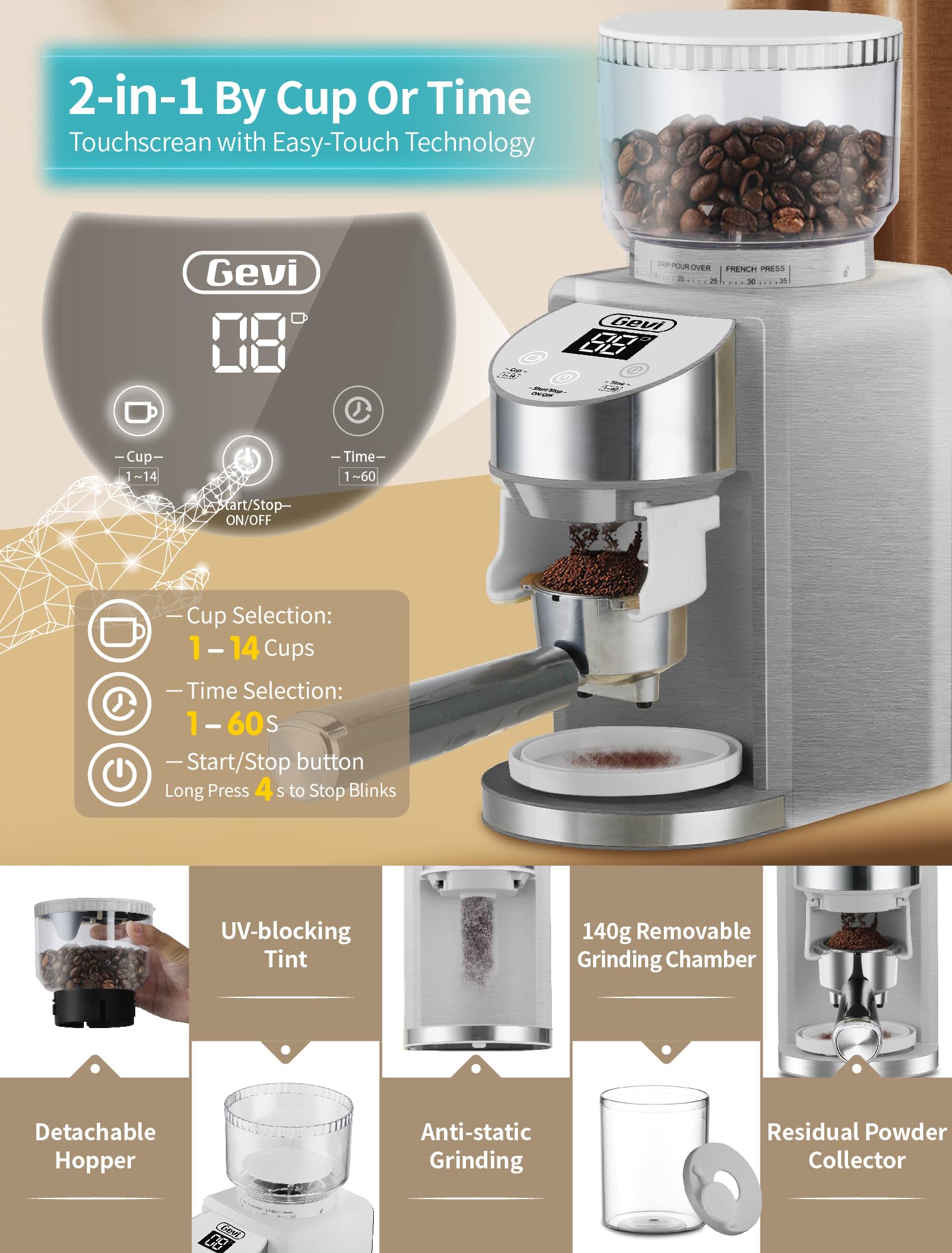 Gevi 20 Bar Professional Espresso Coffee Machine with Milk Frother/Steam Wand for Espresso, Latte and Cappuccino, with 35 Precise Grind Settings Burr Coffee Grinder